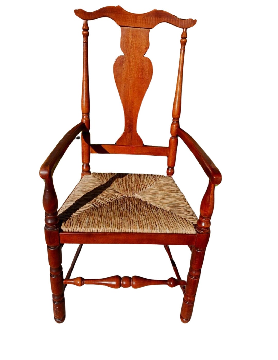 Vintage Antique Wood Fiddle Back Chair W/ Rush Rope Seat- Rustic Home ...