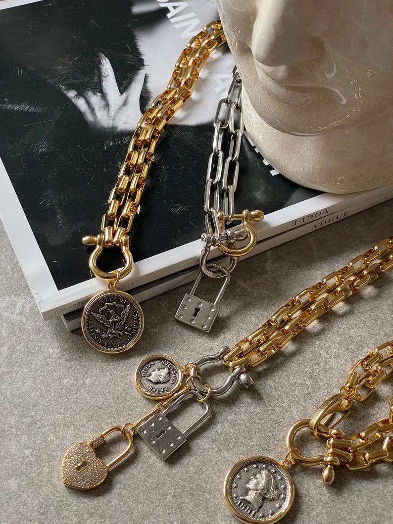Greek Coin Pendant Necklace: 18k Gold Chunky Chain, Vintage Style - Etsy