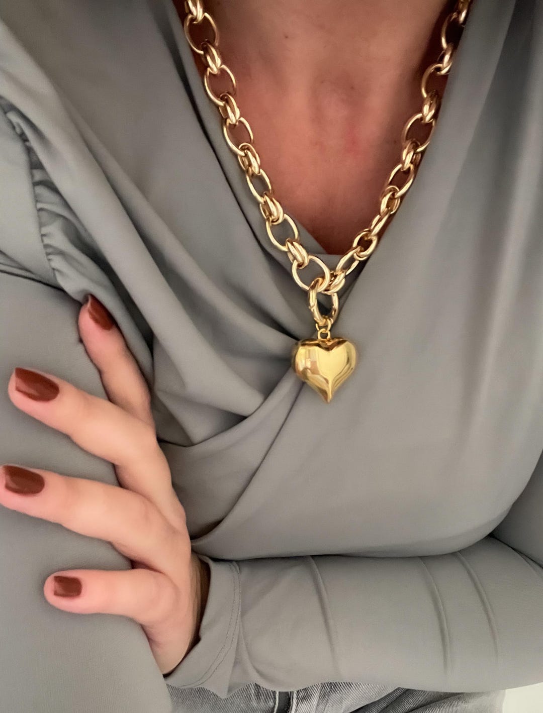 Chunky Gold Heart Charm Necklace: 18k Plated Statement Jewelry - Etsy