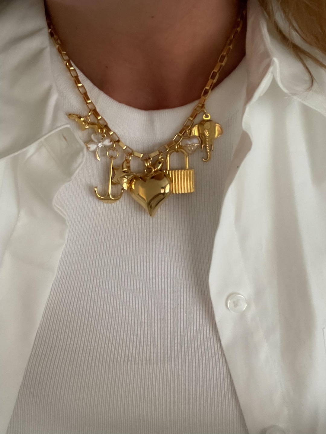 Chunky Gold Charm Necklace: Puffy Heart, Star, Locket Pendant - Etsy