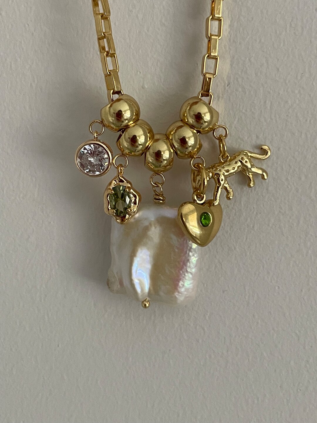 Multi Charm Necklace, 18k Heart Charm Small Green Crystal Charm Large ...