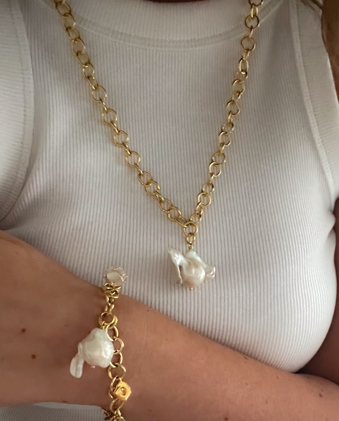 Baroque Pearl Charm 18k Gold Chain Necklace, Irregular Real Baroque ...