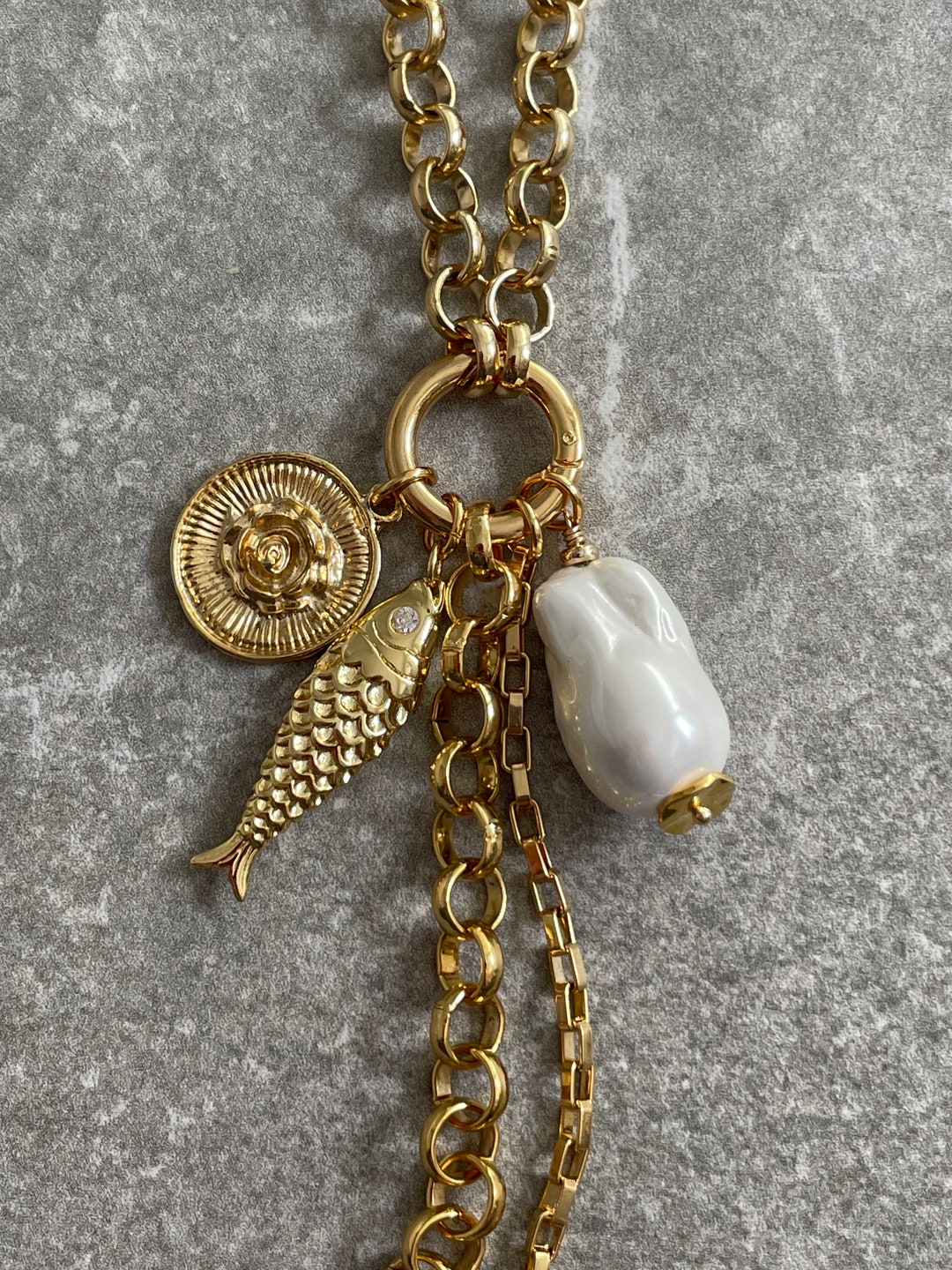 Multi Charm Necklace, Large Shell Pearl Charm Necklace, Pearl Rose ...