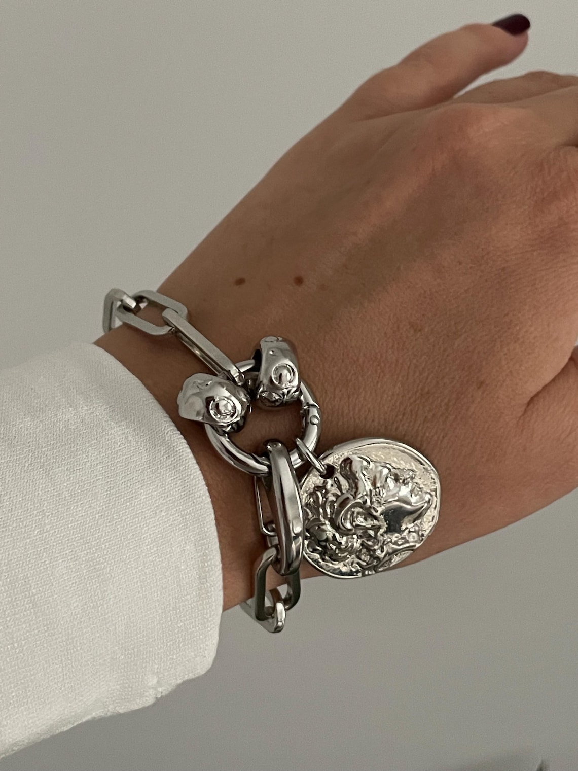 Silver Greek Coin Chunky Chain Bracelet: Large Link Statement Jewelry ...