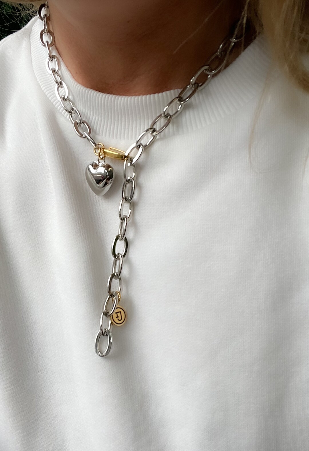 Silver Chunky Chain Silver Heart Charm Necklace, Chunky Silver Gold ...