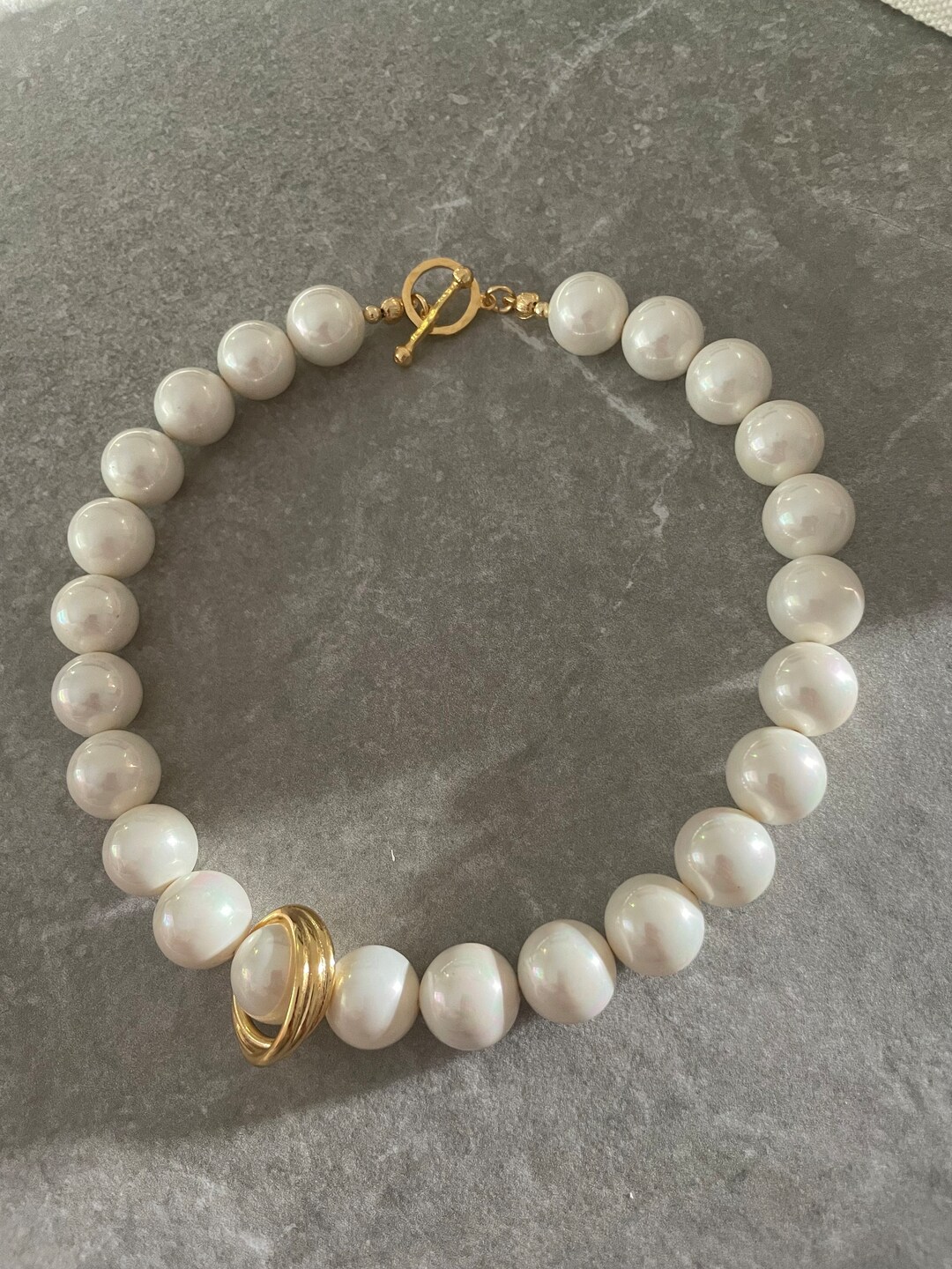 Extra Large Shell Pearl Necklace, Chunky Shell Pearl Choker, Gold Ring ...