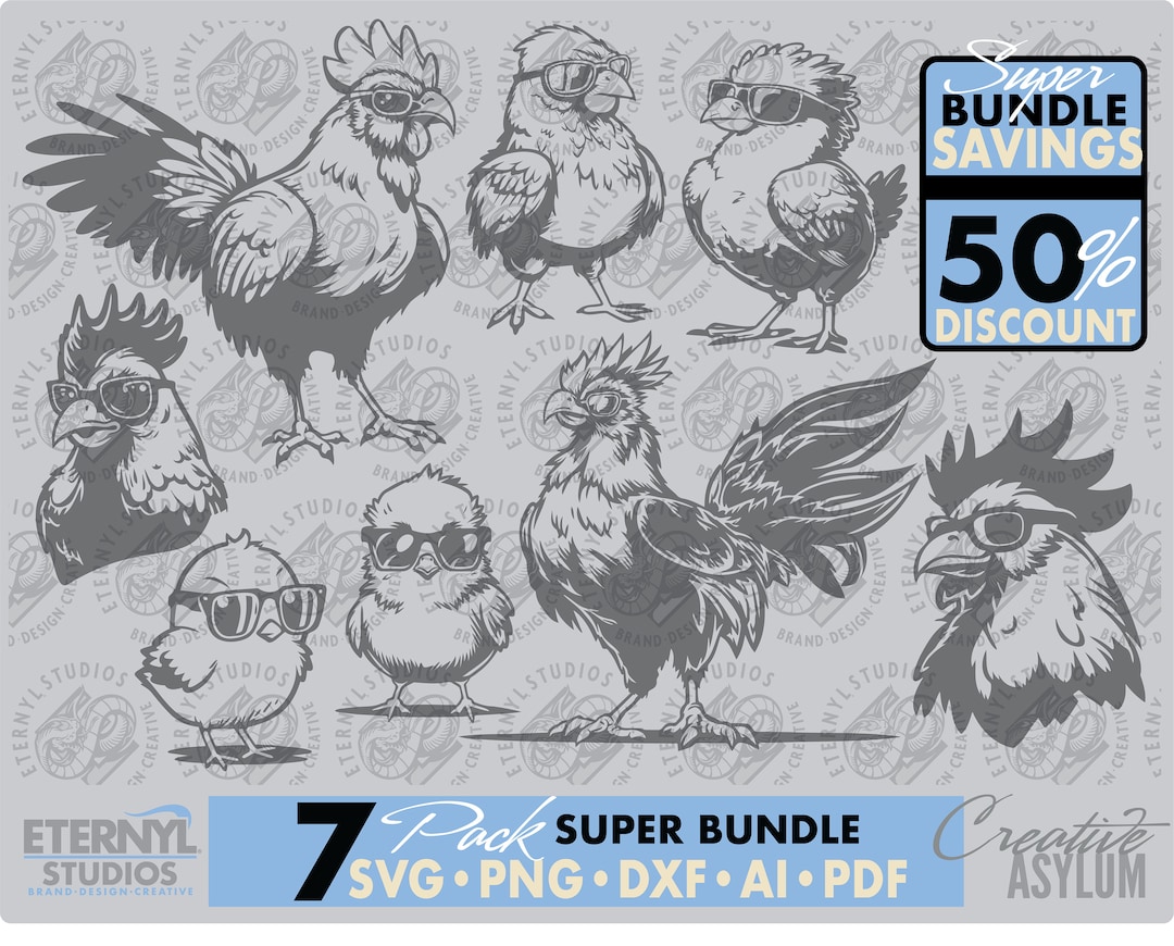 Cool Chickens SVG PNG, 7 Pack, Bundle, Discount, Fowl, Rooster, Chick ...