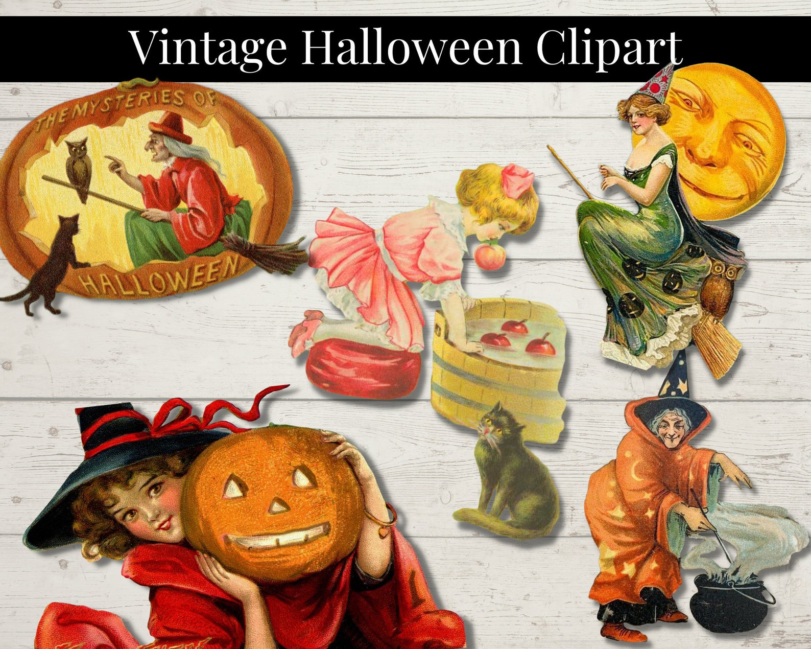 Vintage Halloween Clip Art Bundle, PNG, Digital Ephemera, Junk ...
