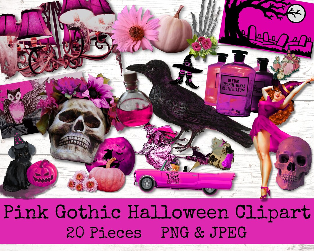 Pink Gothic Halloween Clipart, PNG Bundle, Fussy Cut Collage Elements ...