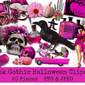 Pink Gothic Halloween Clipart, PNG Bundle, Fussy Cut Collage Elements ...