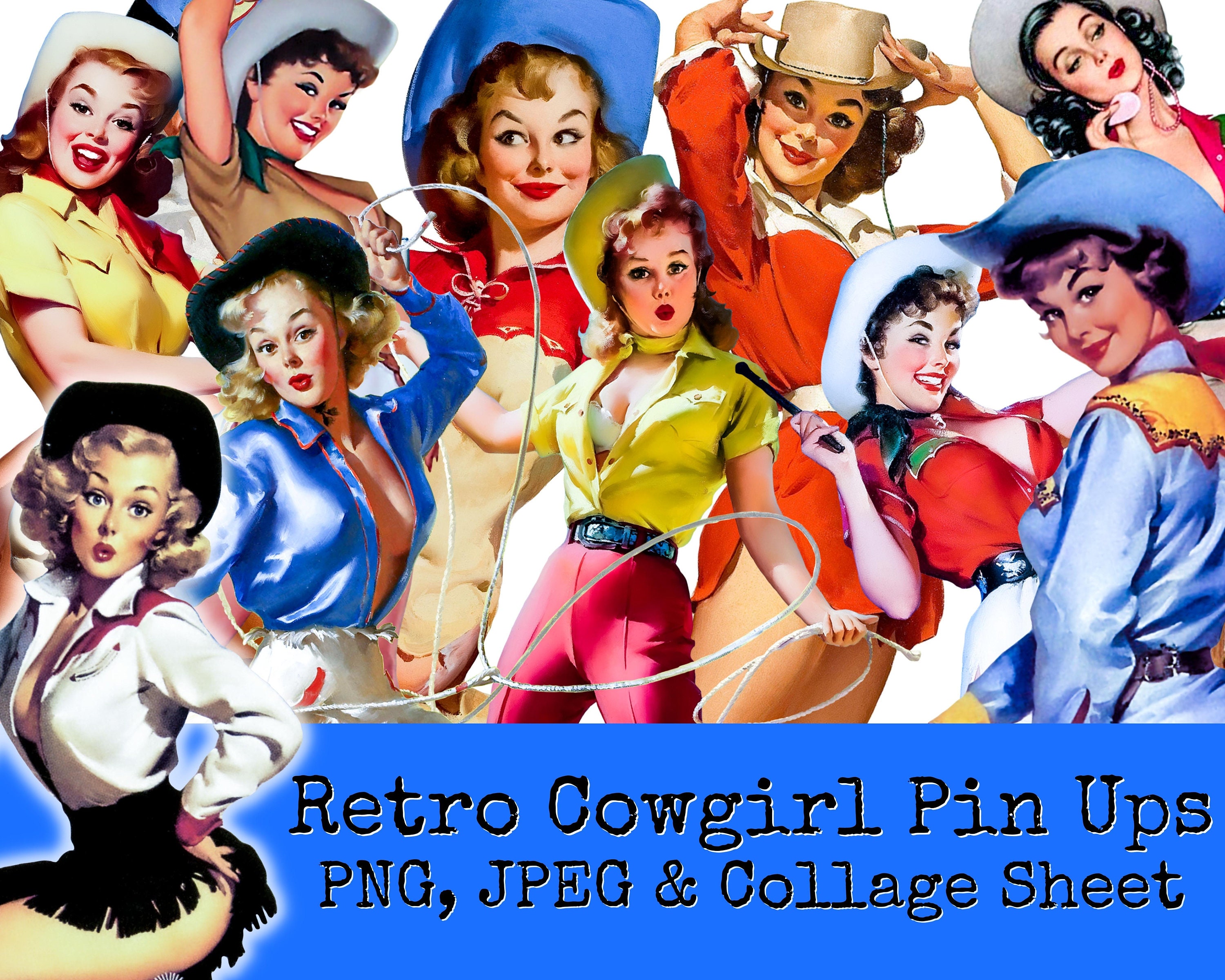 Retro Cowgirl Clipart And Collage Sheet Pin Up Png Fussy Etsy
