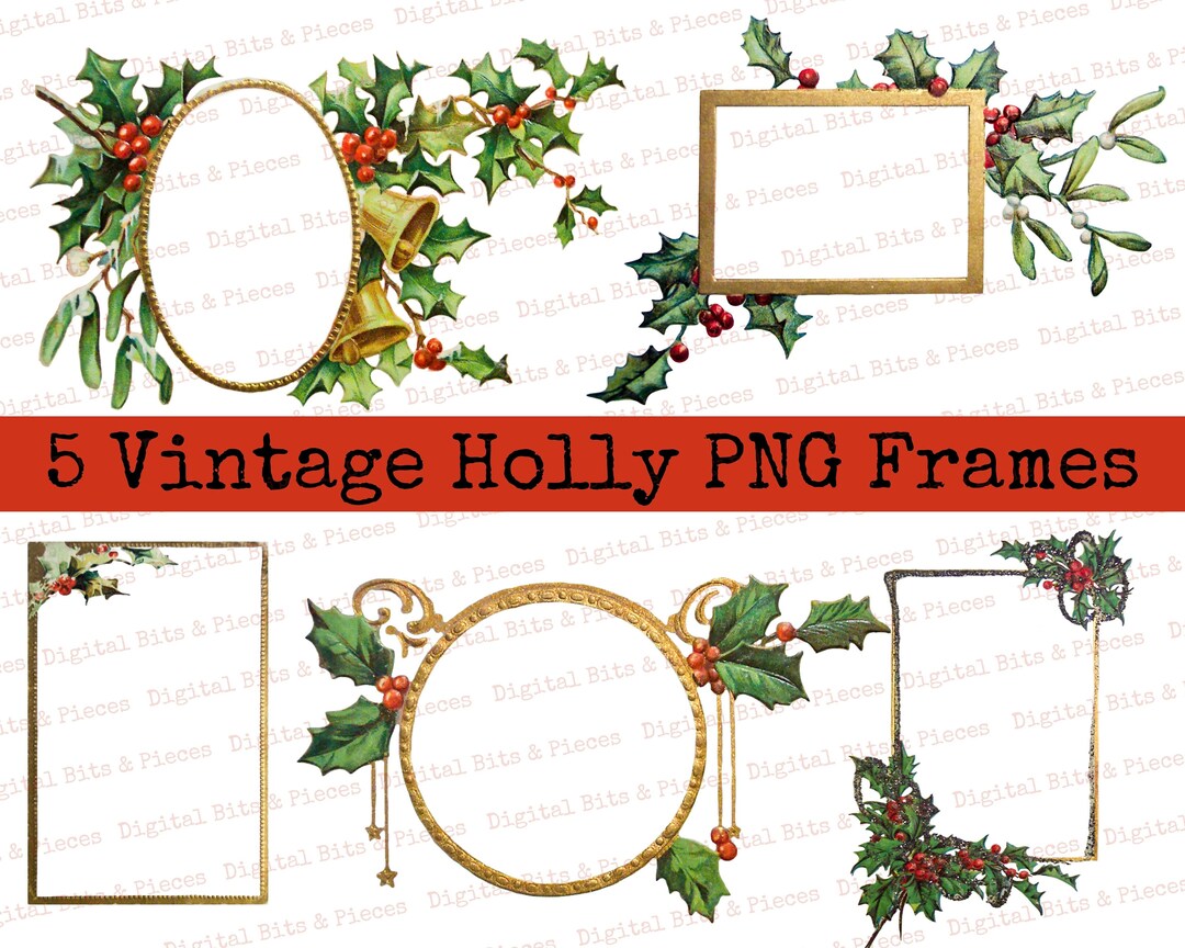 Christmas Frames Clip Art, Vintage Holly PNG, Christmas Cutouts, Floral ...