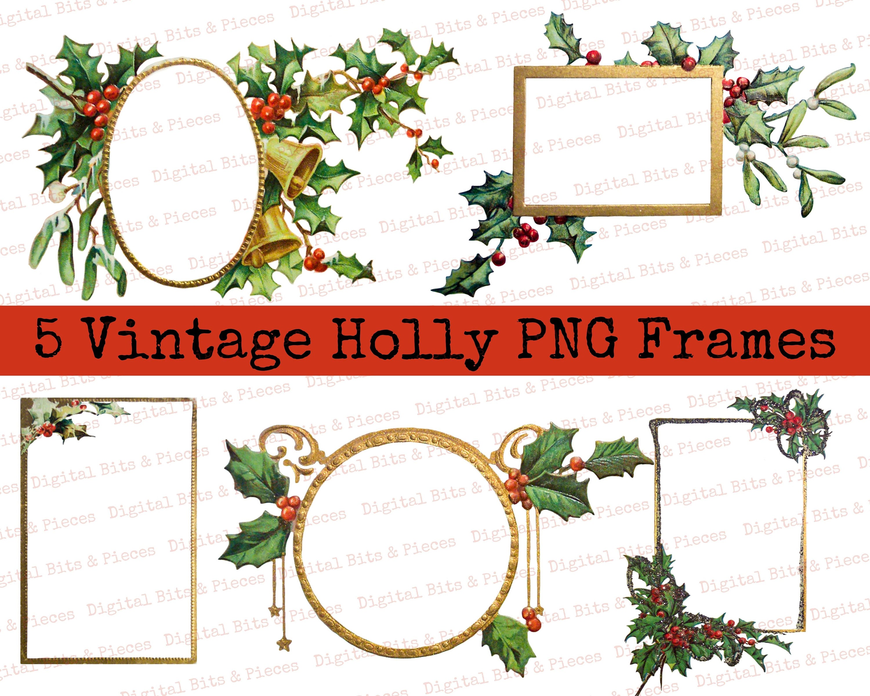 Christmas Frames Clip Art, Vintage Holly PNG, Christmas Cutouts, Floral ...