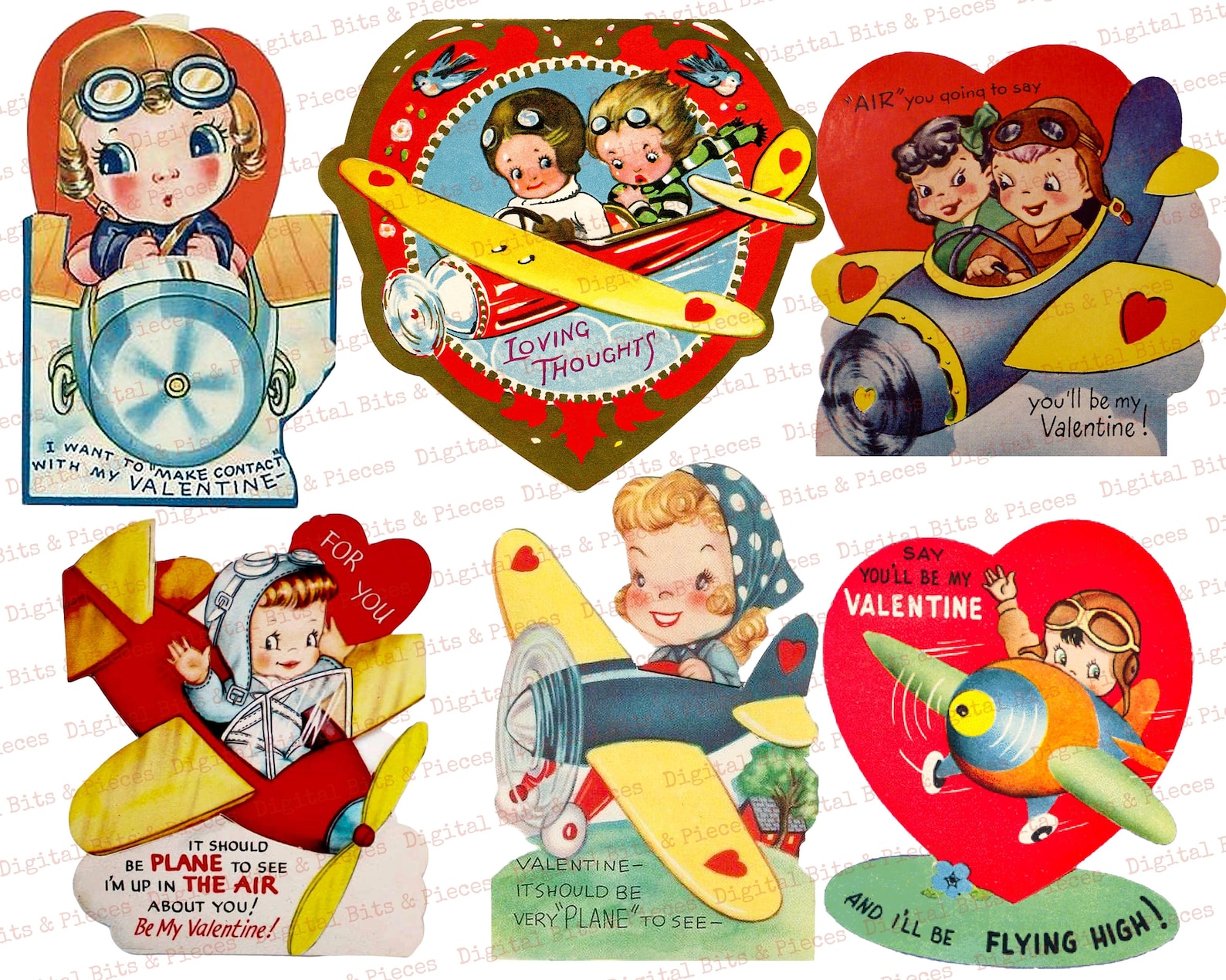 Vintage Valentine's Day Clip Art, Instant Download, Aviation Valentine ...