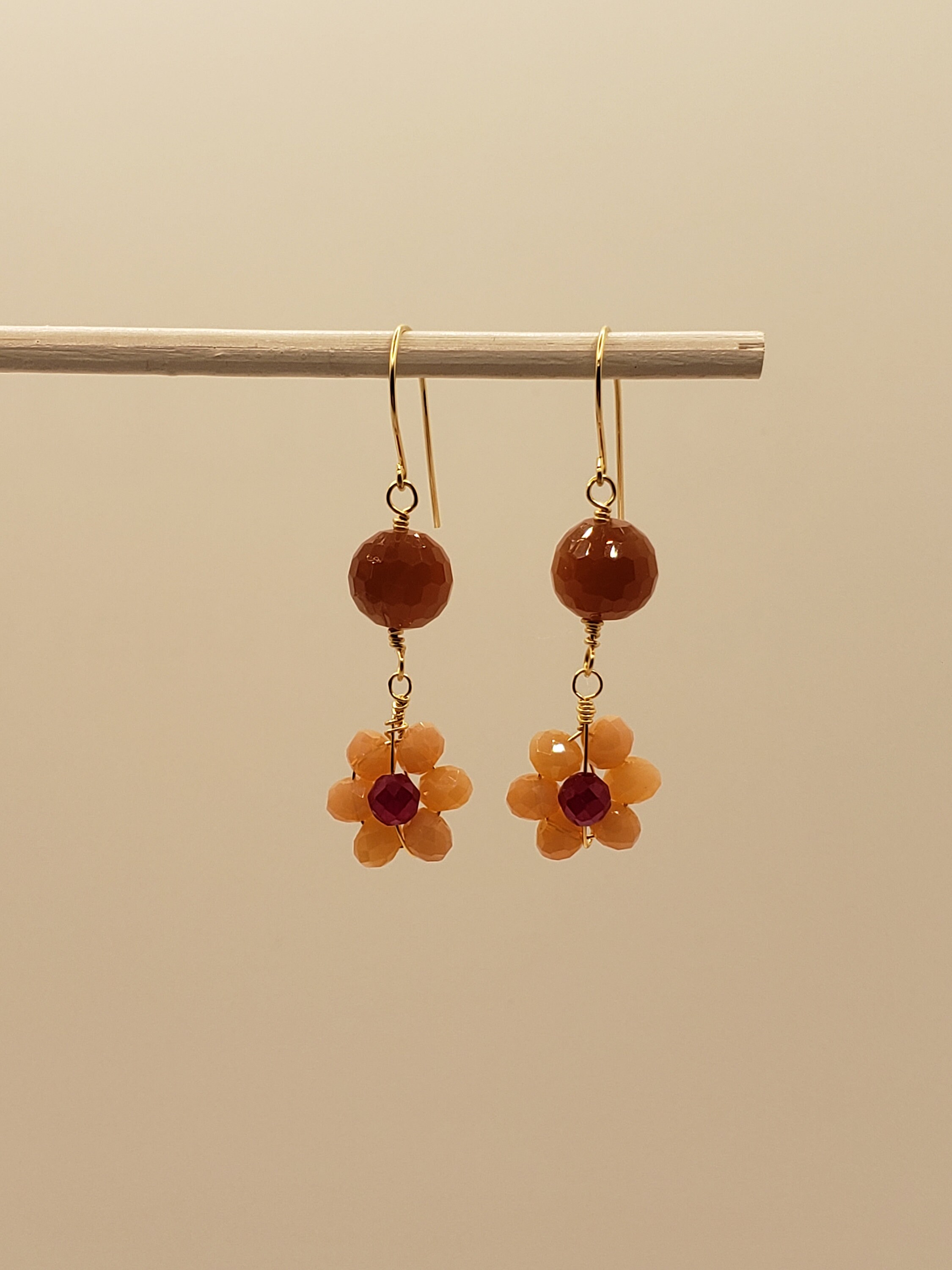 Sunstone, Ruby and Crystal Flower Cluster Briolette Dangle Earrings ...