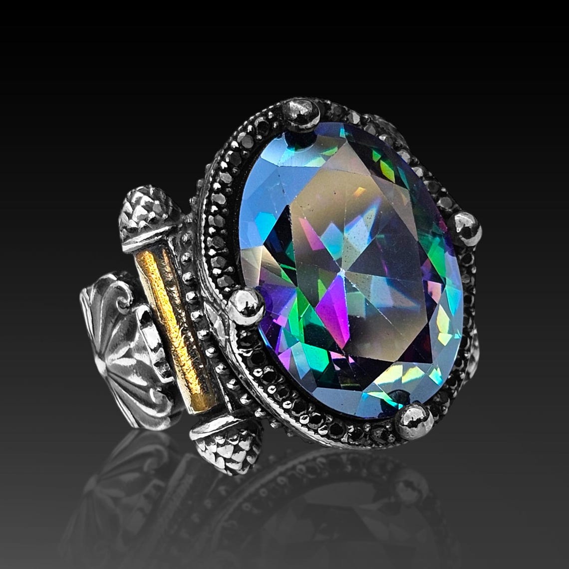 Rainbow Mystic Topaz Ring: Mid-century 925 Sterling Silver, Bronze ...