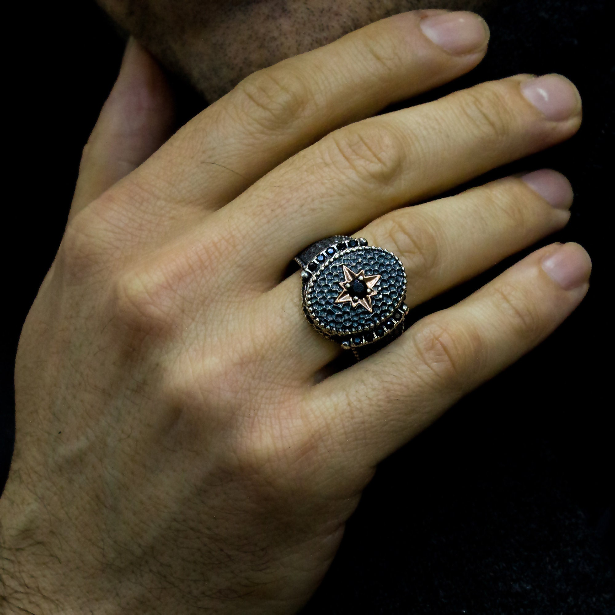 925 Sterling Silver North Star Pattern Rings for Men, Ottoman Ring ...