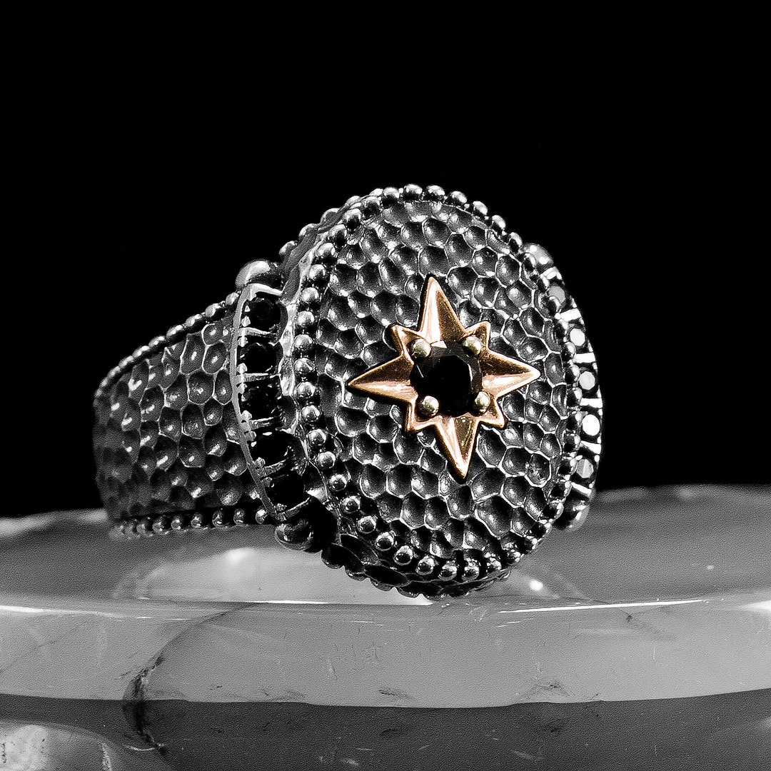 925 Sterling Silver North Star Pattern Rings for Men, Ottoman Ring ...