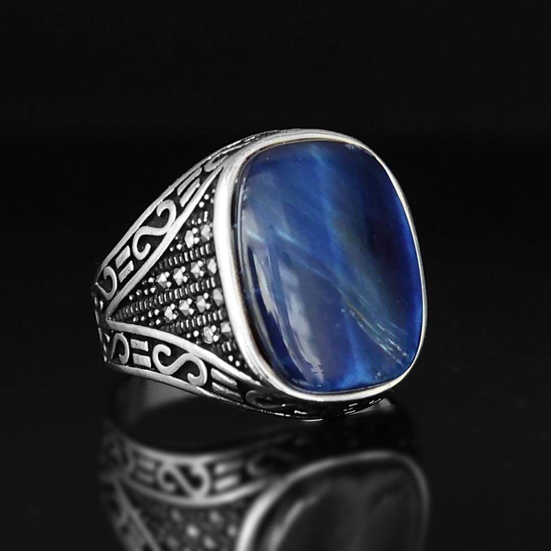 925 Sterling Silver, Dark Blue Tiger Eye Ring for Men, Tiger Eye Gems ...