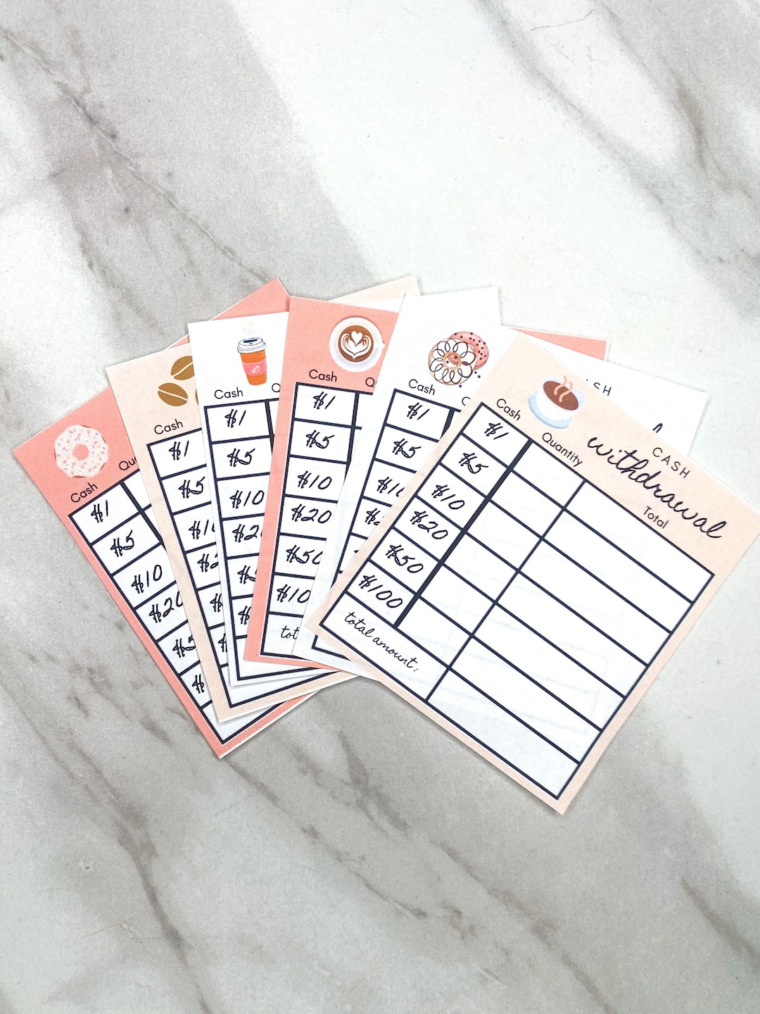 Cash Breakdown Slips Printable - Coffee & Donut Set of 6 | Teller Slips ...