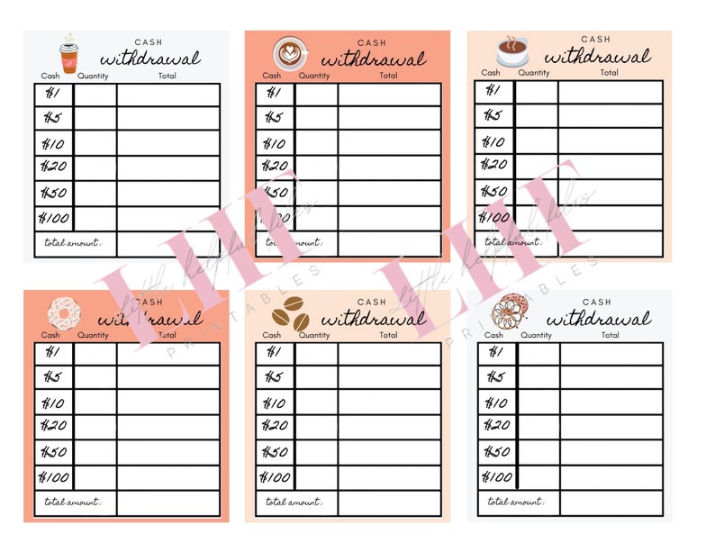 Cash Breakdown Slips Printable - Coffee & Donut Set of 6 | Teller Slips ...