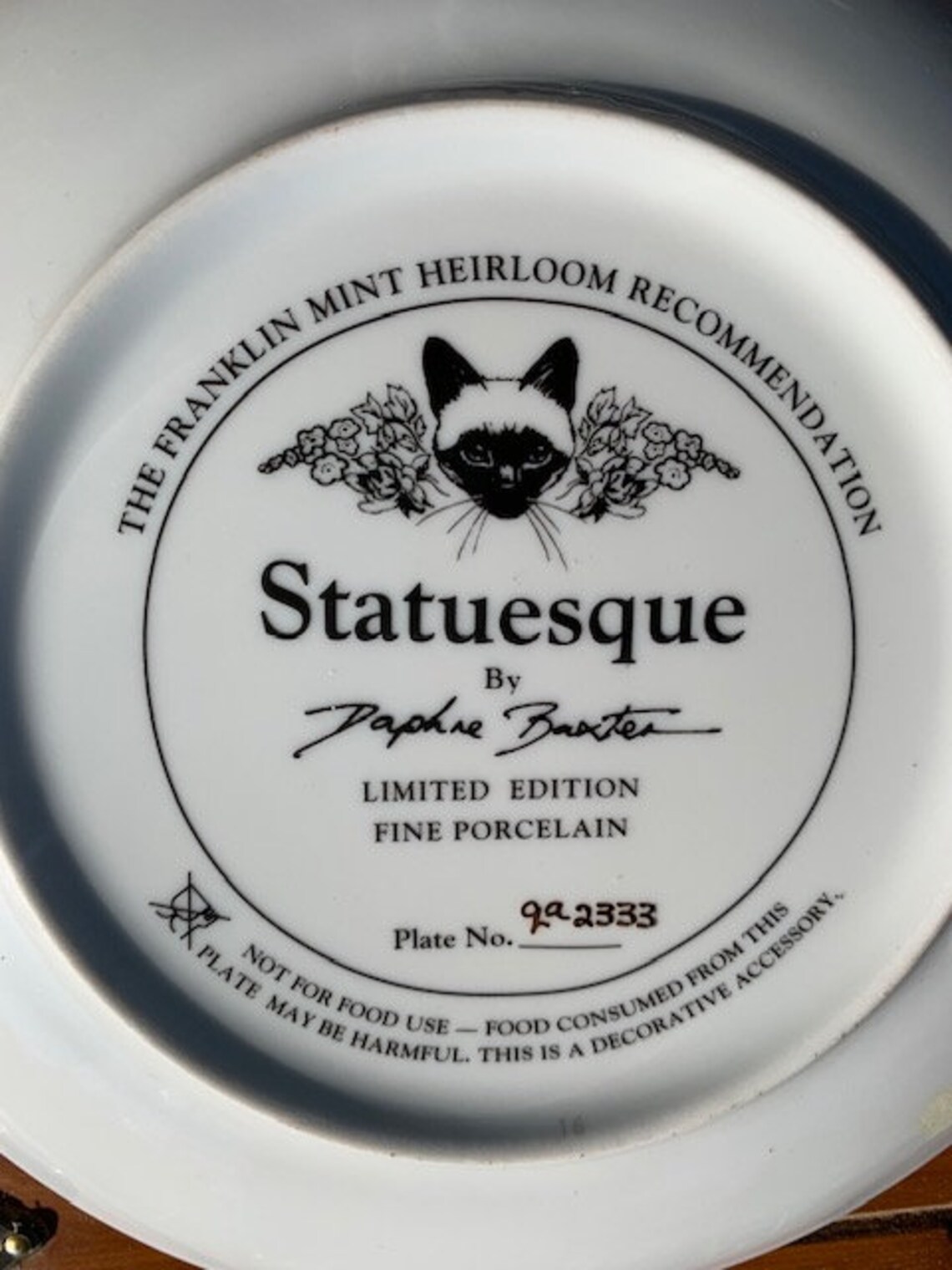 Collectable Siamese Cat Plate ' Statuesque', by Daphne Baxter. Limited ...