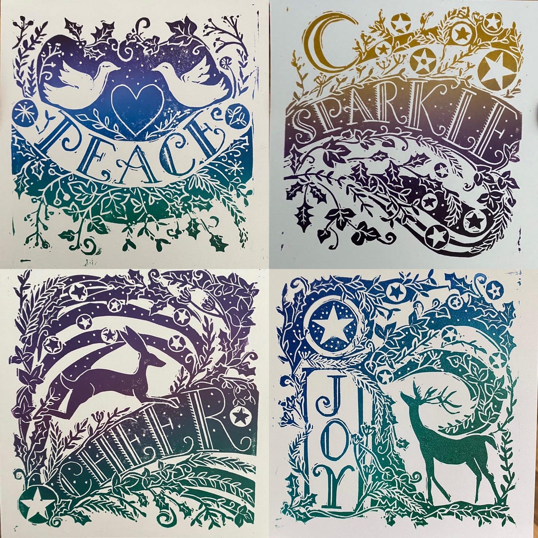 Hand Printed Linocut Christmas Cards Pack of Four Different Designs ...