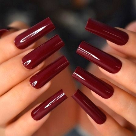 Glue on Press on Nails Extra Long Square Dark Burgundy - Etsy