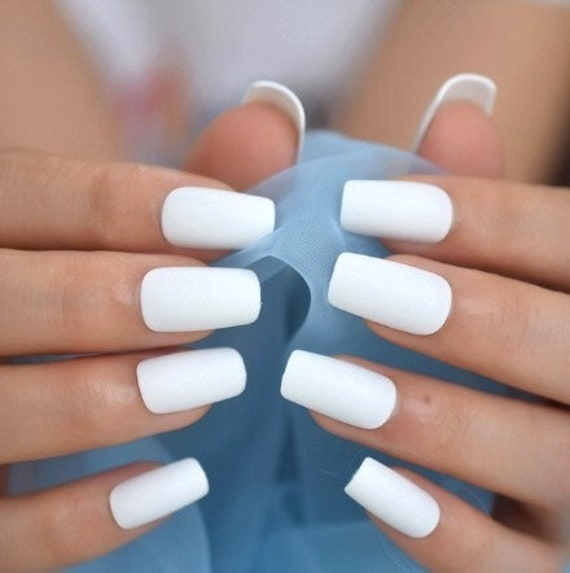Glue On Press On Nails Medium Long Square White Matte Etsy