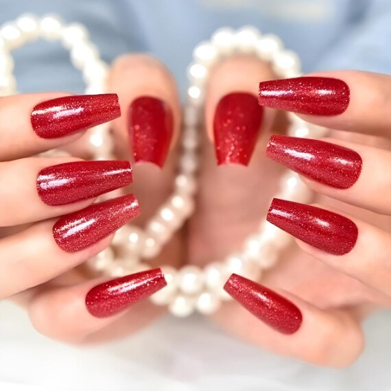 Glue on Press on Nails Long Ballerina coffin Red Glitter Etsy