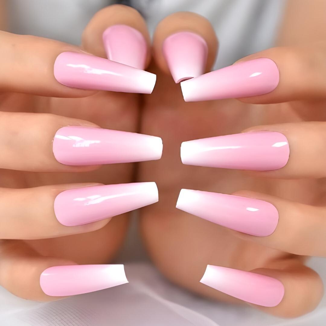 Glue on Press on Nails - Extra Long Coffin - French Ombre Medium Pink ...