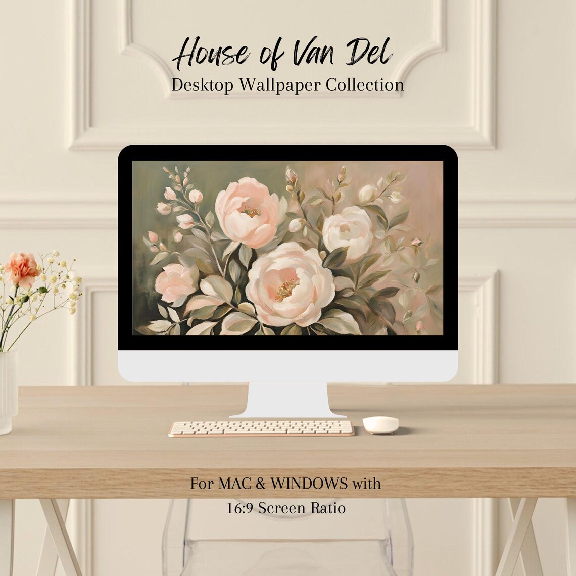 Aesthetic Neutral Pink Green Floral Desktop Wallpaper Imac MacBook ...