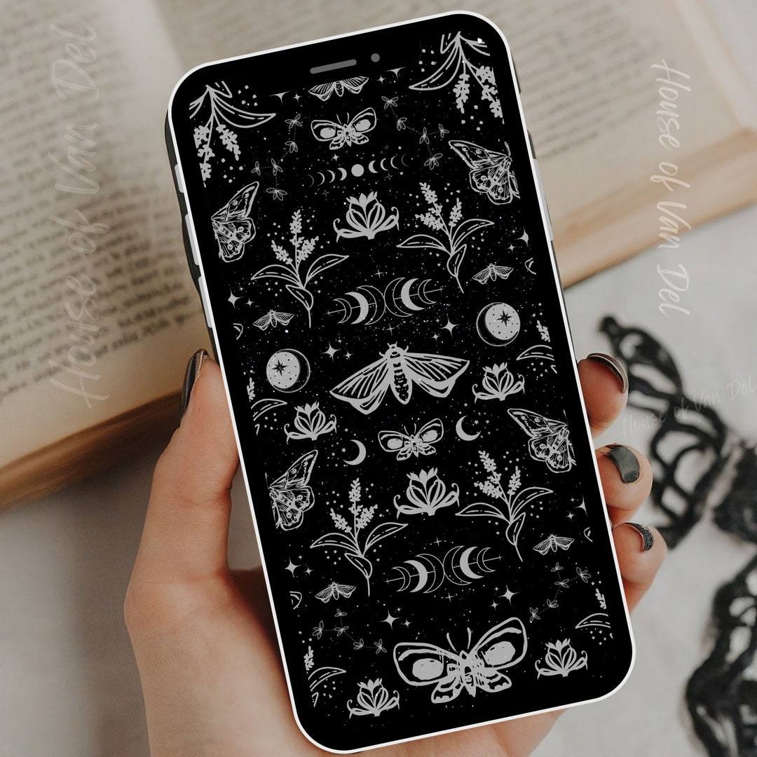 Goth Moon Moth Celestial Floral Phone Wallpaper | Aesthetic Home Lock ...