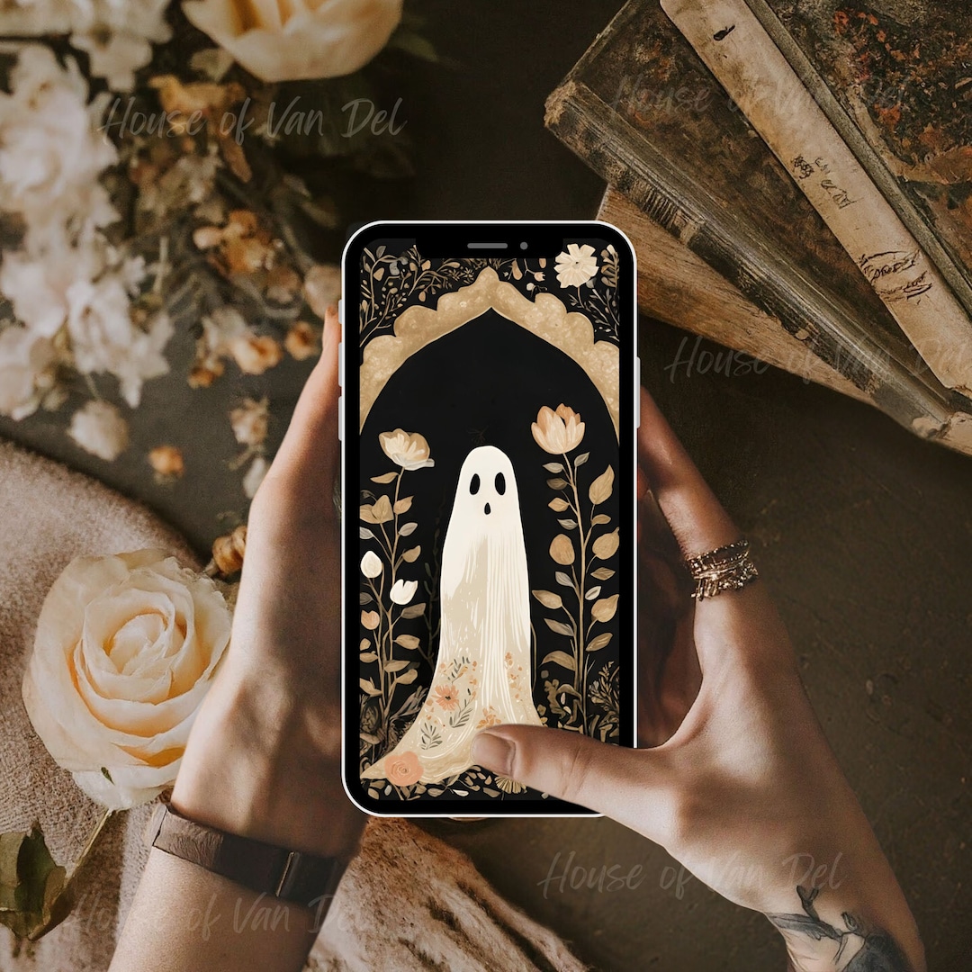 Cute Ghost Floral Phone Wallpaper Neutral Halloween Aesthetic Home Lock ...