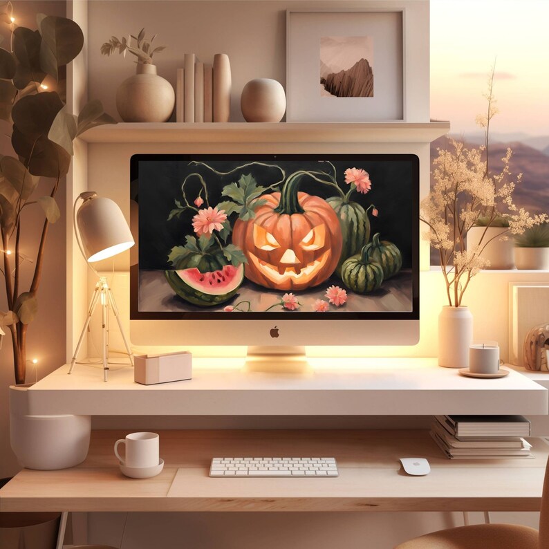 Summerween Jack O Lantern Pumpkin Watermelon Floral Goth Desktop ...