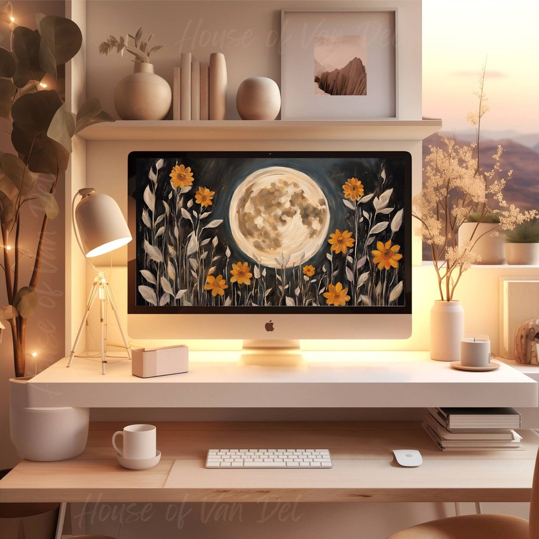 Aesthetic Fall Autumn October Moon Floral Desktop Wallpaper | Imac ...