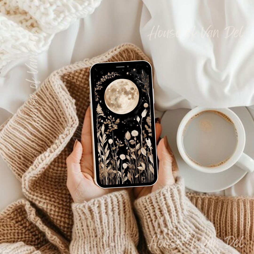 Moody Neutral Full Moon Botanical Phone Wallpaper | Aesthetic Home Lock ...