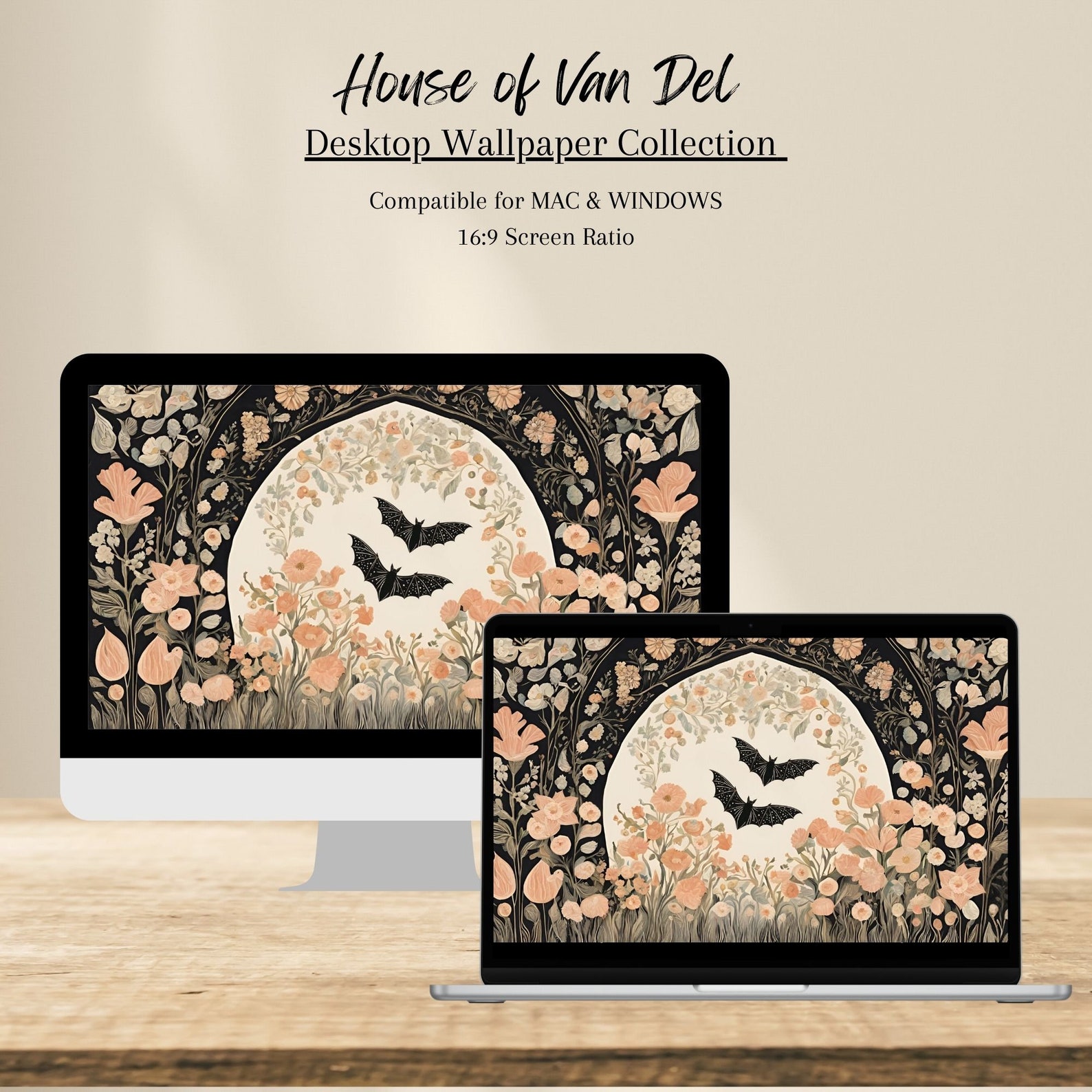 Neutral Halloween Bats Floral Desktop Wallpaper Background Art Instant ...