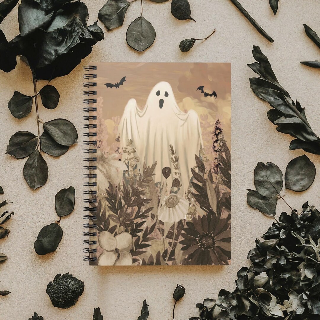 Whimsigoth Ghost Bat Spiral Notebook Garden Neutral Floral Halloween ...