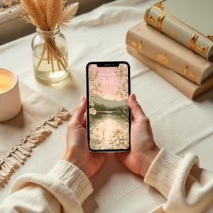 Aesthetic Nature Watercolor Green Forest Waterfall Landscape | Phone ...