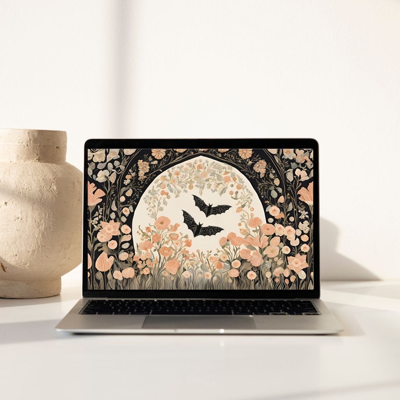 Neutral Halloween Bats Floral Desktop Wallpaper Background Art Instant ...