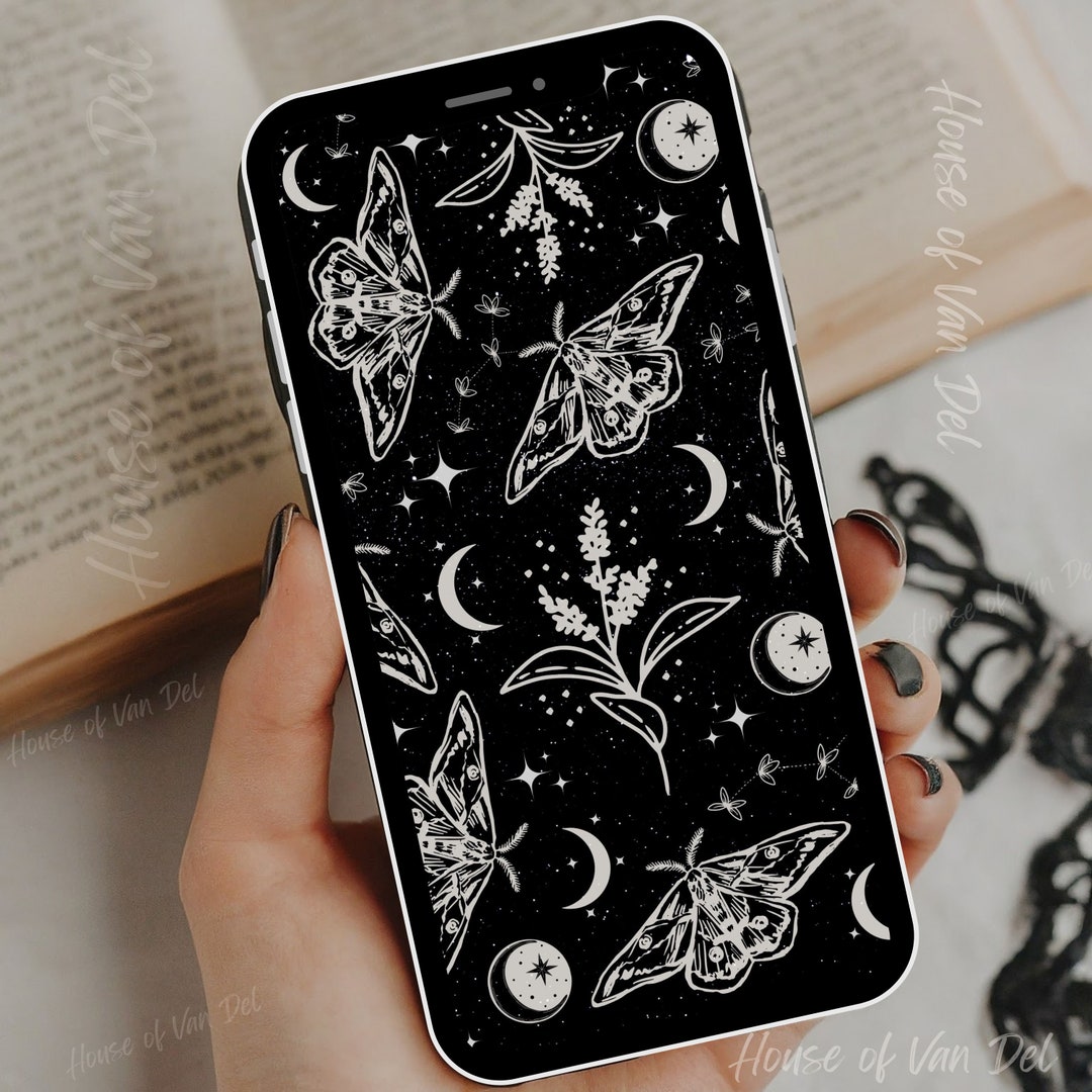 Goth Moon Moth Celestial Floral Phone Wallpaper Aesthetic Home Lock ...