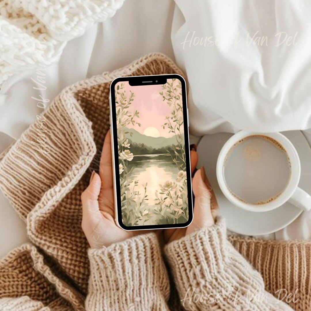 Aesthetic Nature Watercolor Green Forest Waterfall Landscape | Phone ...
