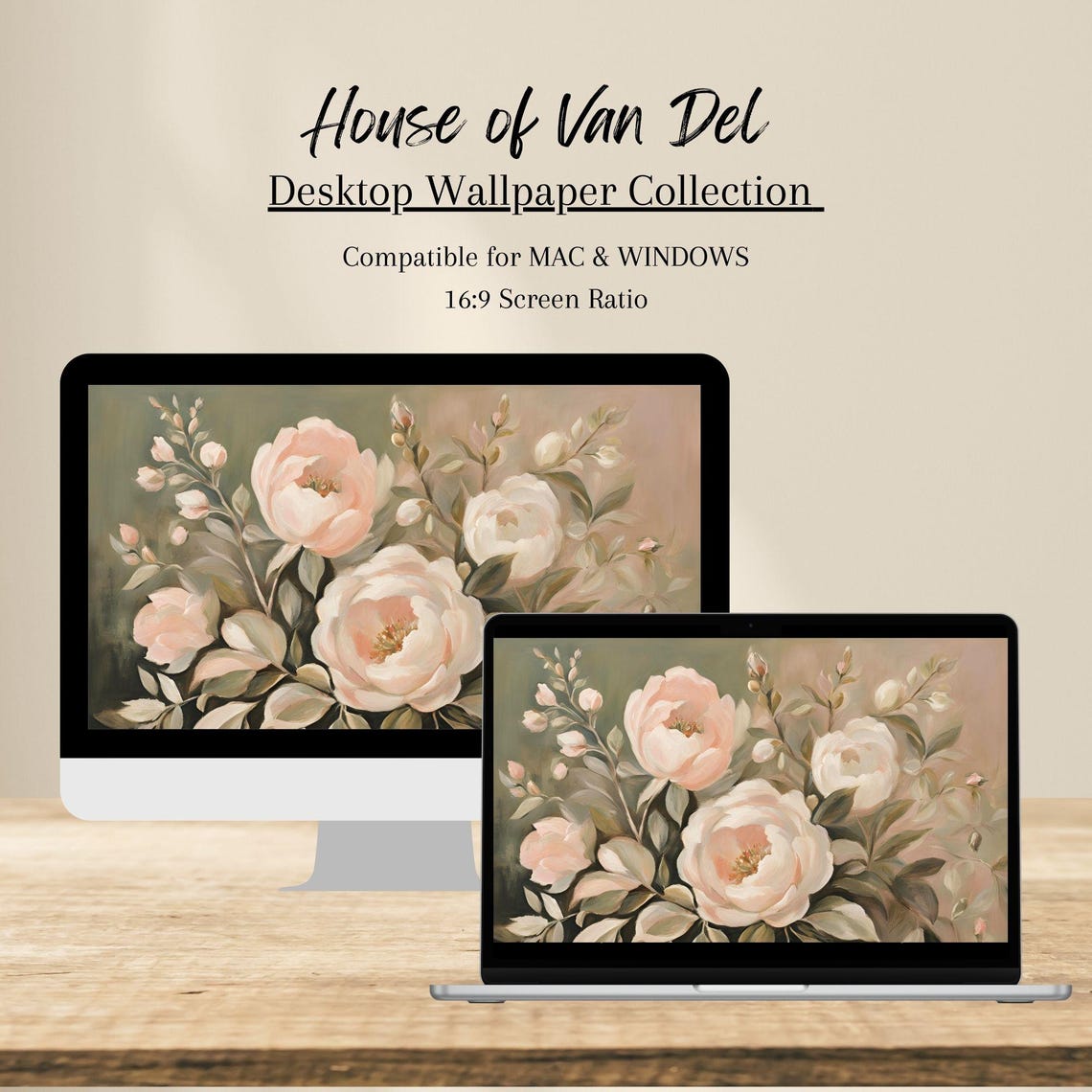 Aesthetic Neutral Pink Green Floral Desktop Wallpaper Imac MacBook ...