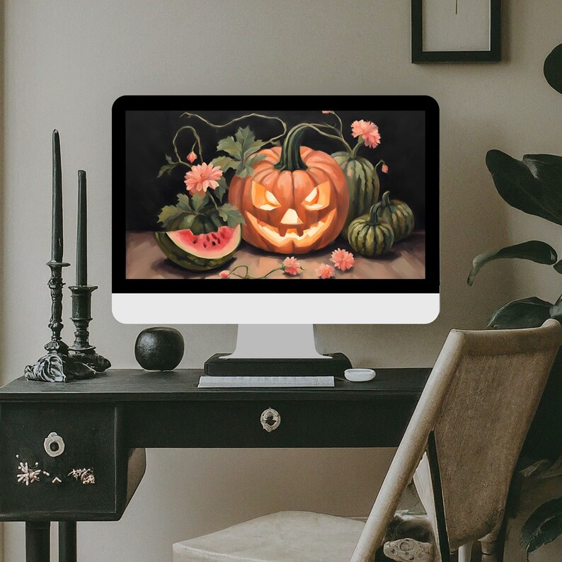 Summerween Jack O Lantern Pumpkin Watermelon Floral Goth Desktop ...