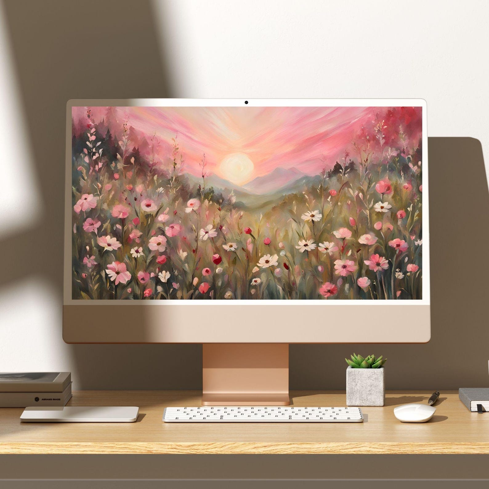 Aesthetic Nature Pink Sunrise Sky Floral Landscape Desktop Wallpaper ...
