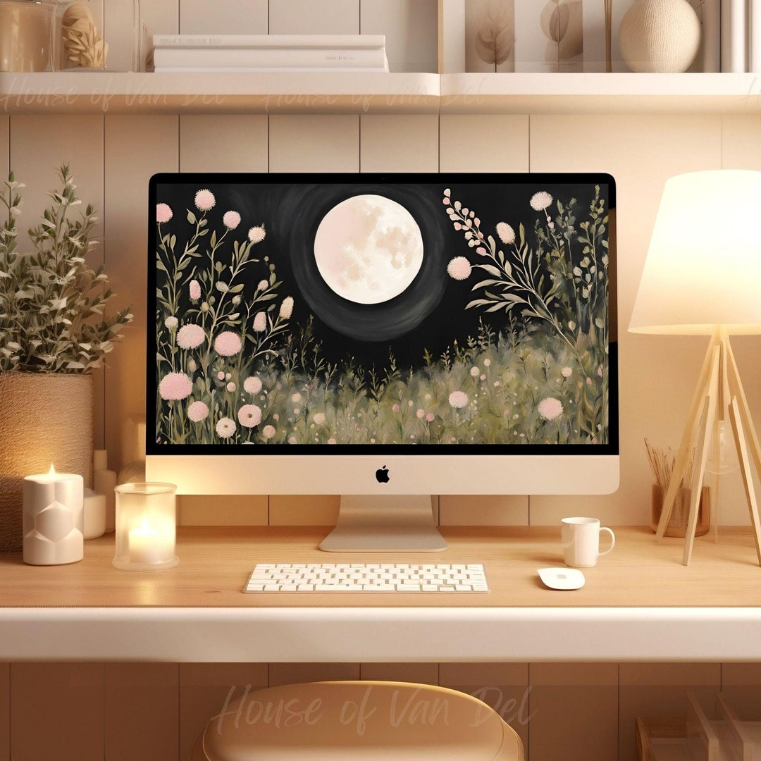 Aesthetic Moody Pink Cream Full Moon Floral Desktop Wallpaper Imac ...