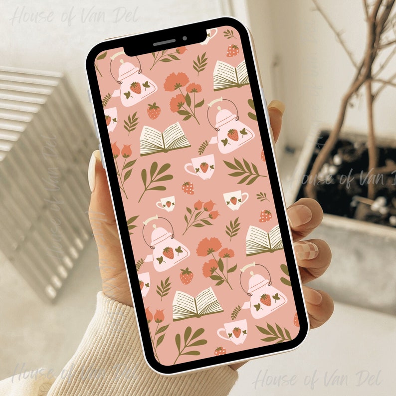 Phone Wallpaper Pink Strawberry Book Girlie Cottagecore Tea Phone ...