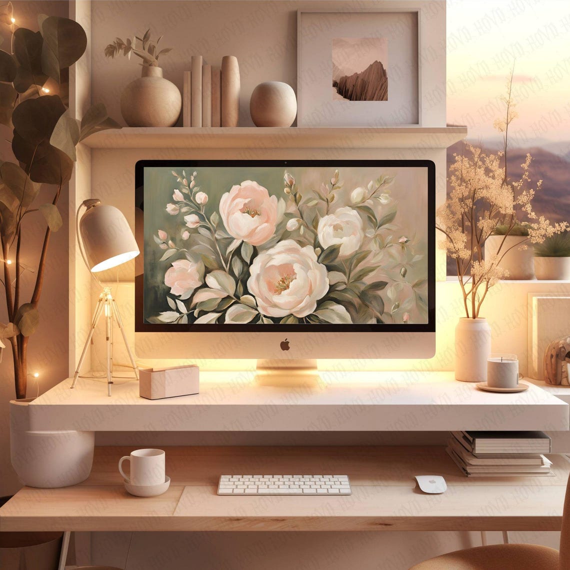 Aesthetic Neutral Pink Green Floral Desktop Wallpaper Imac MacBook ...