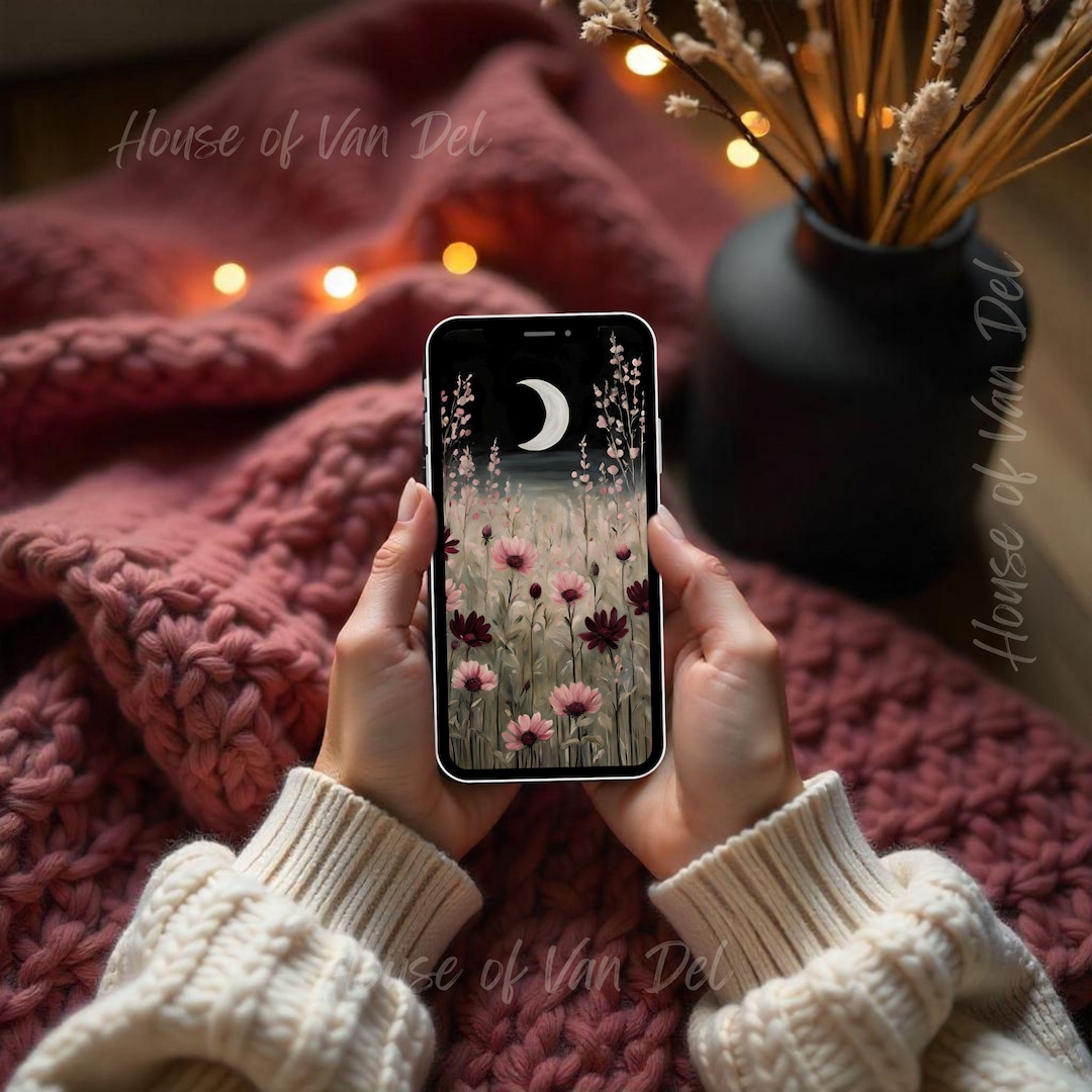 Moody Full Moon Burgundy Pink Floral Phone Wallpaper Aesthetic Home ...